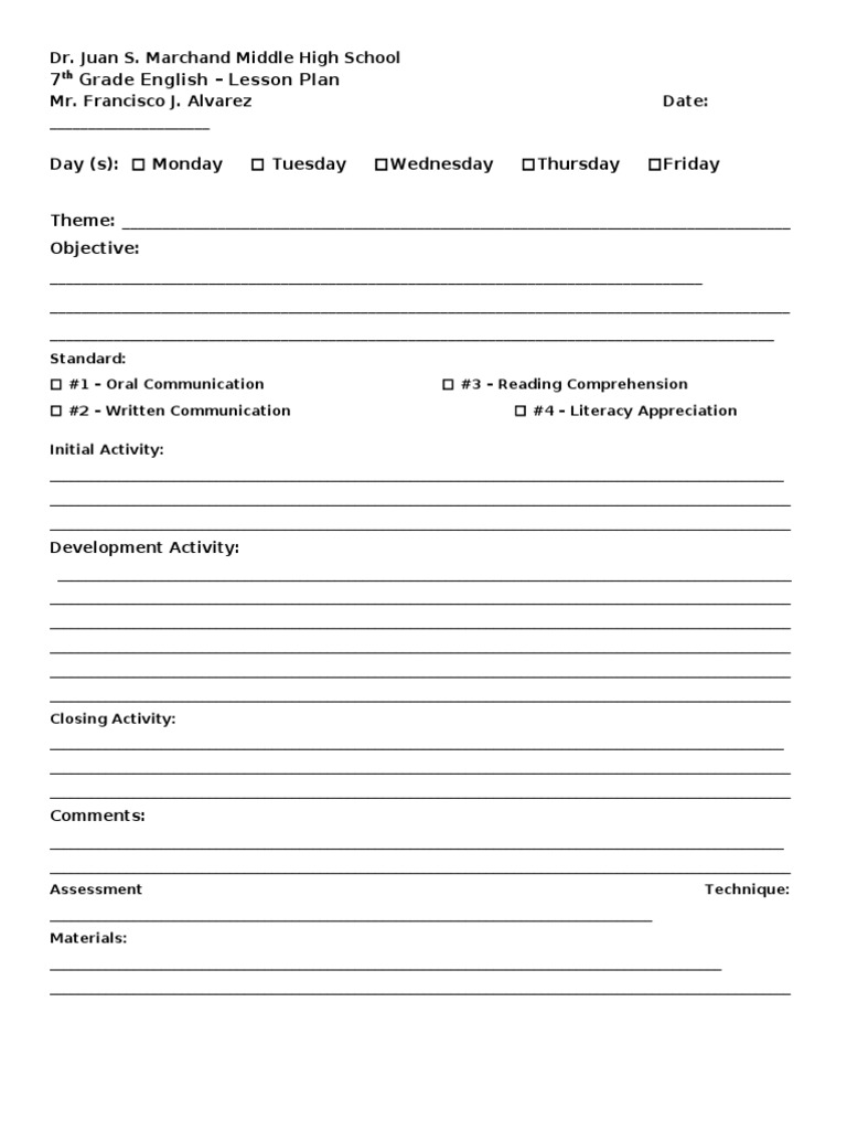 7th Grade English Lesson Plan Template | PDF