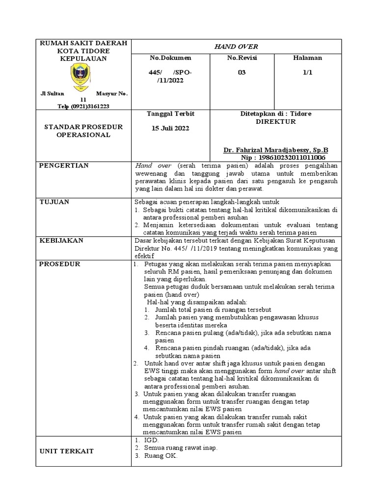 Prosedur Hand Over Pasien Rumah Sakit | PDF