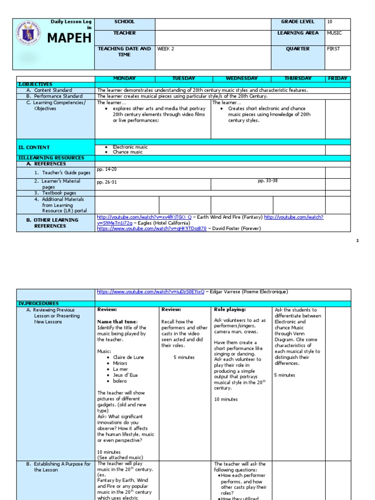 MAPEH Grade 10 Music Lesson Plan | PDF | Cognition | Learning
