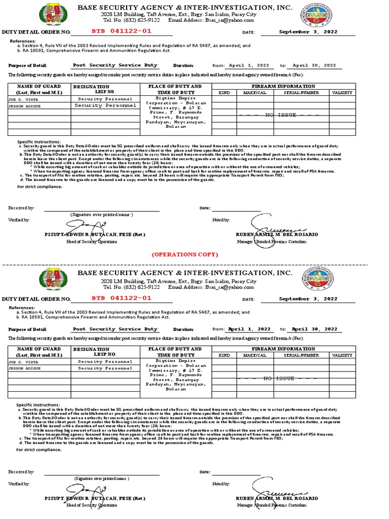 Assignment of Security Personnel and Regulation of Firearm Usage at ...