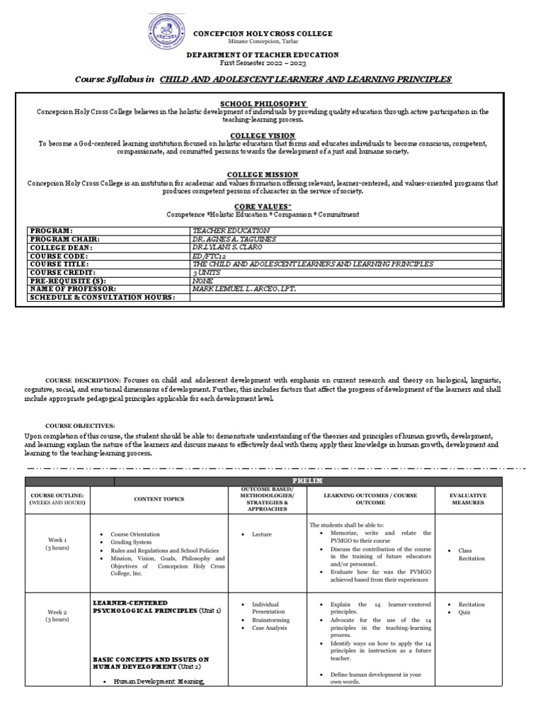 Syllabus 1st Sem AY 2022 2023 Child and Adolescent | PDF | Adolescence | Child Development