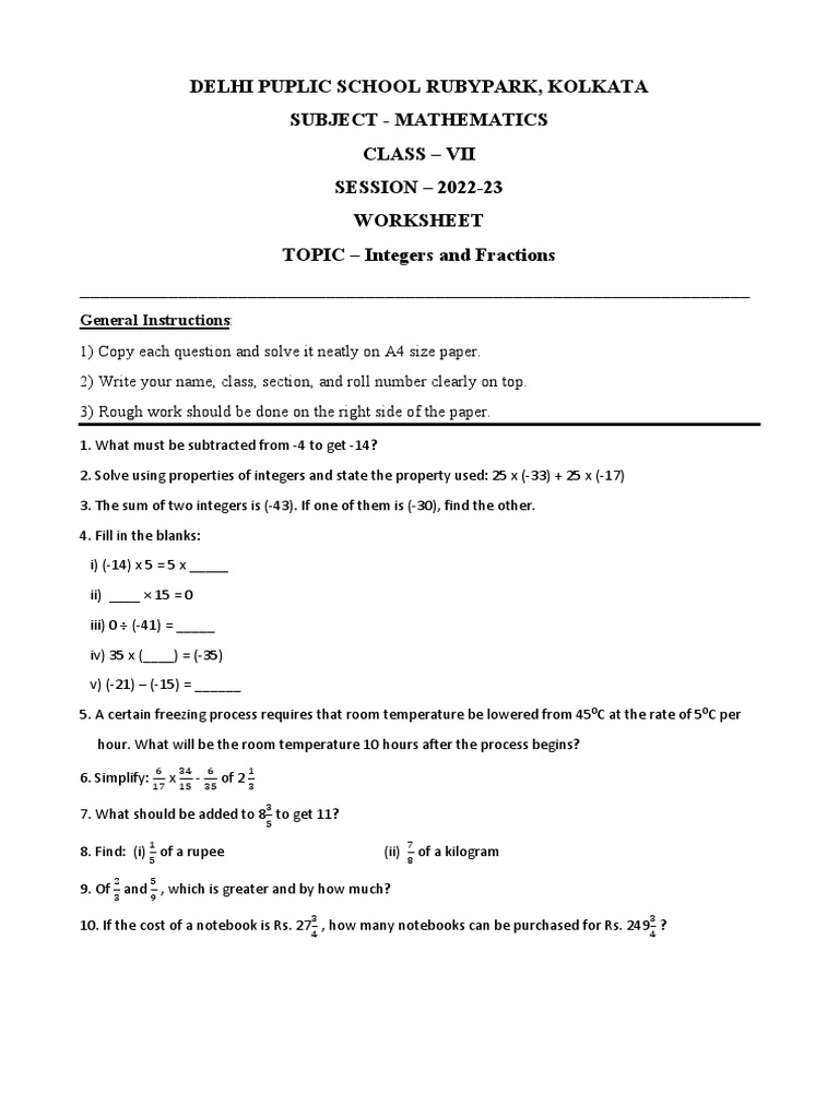 191 Class-VII WORKSHEET (2022-2023) | PDF