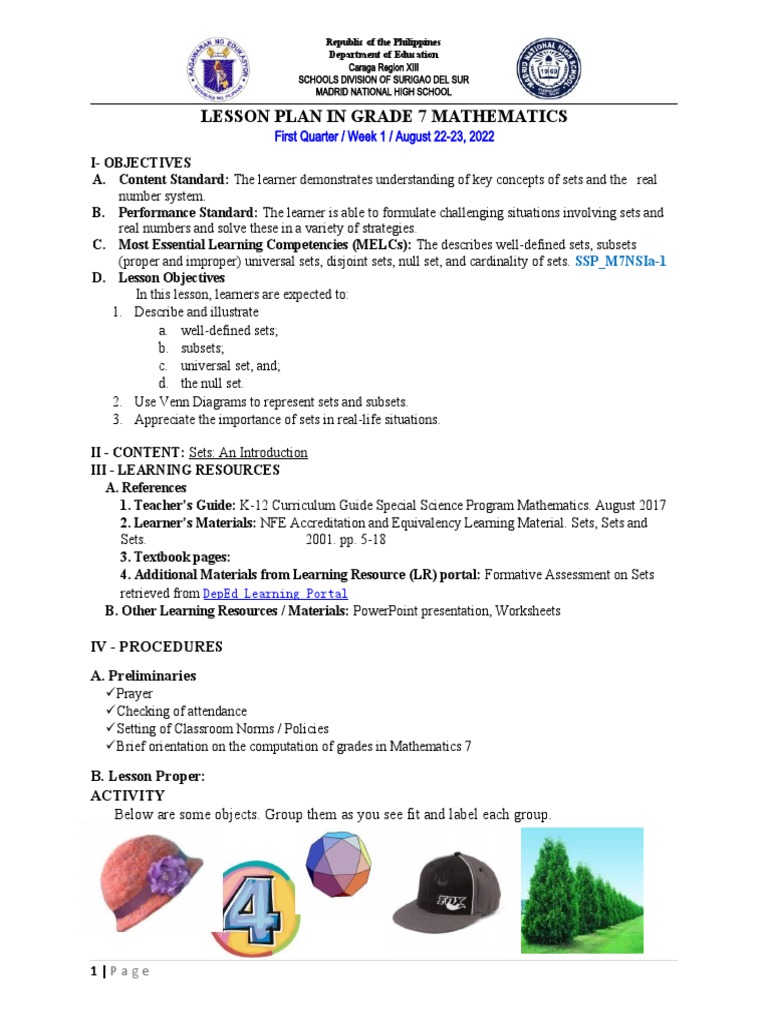 LP Q1 - WK1 Math 7 | PDF | Empty Set | Learning