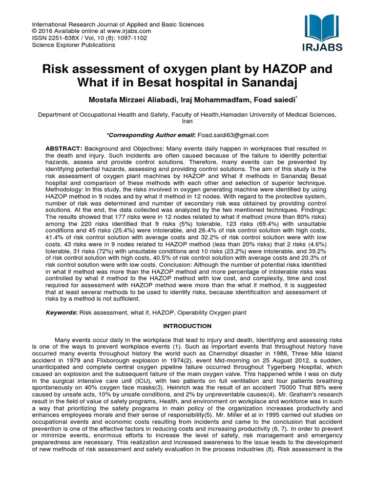 Risk Assessment of Oxygen Plant by HAZOP and What If in Besat Hospital ...