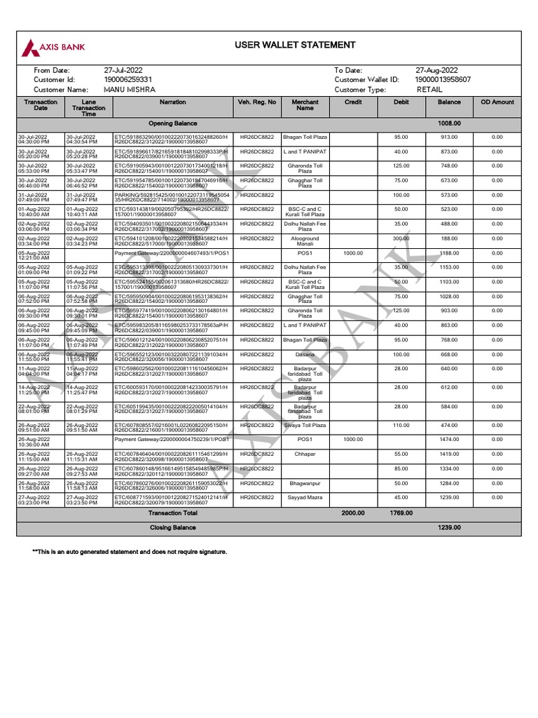 FASTag Wallet Statement | Download Free PDF | Credit Card | Economies