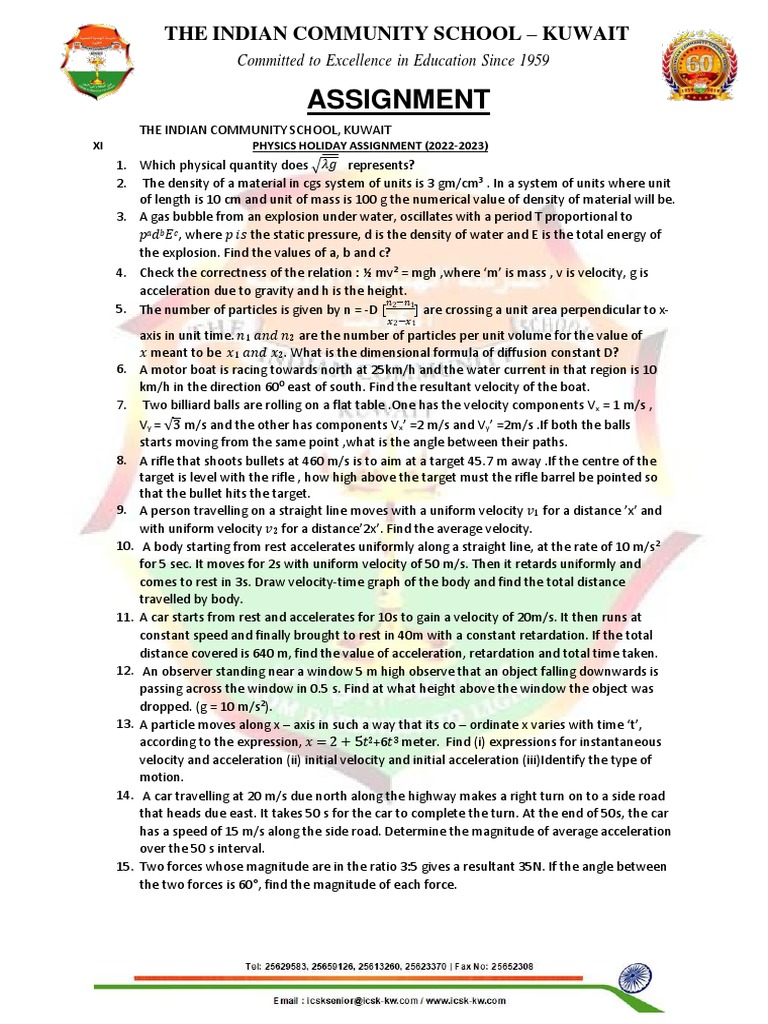 XI Physics Holiday Assignments | PDF | Velocity | Acceleration