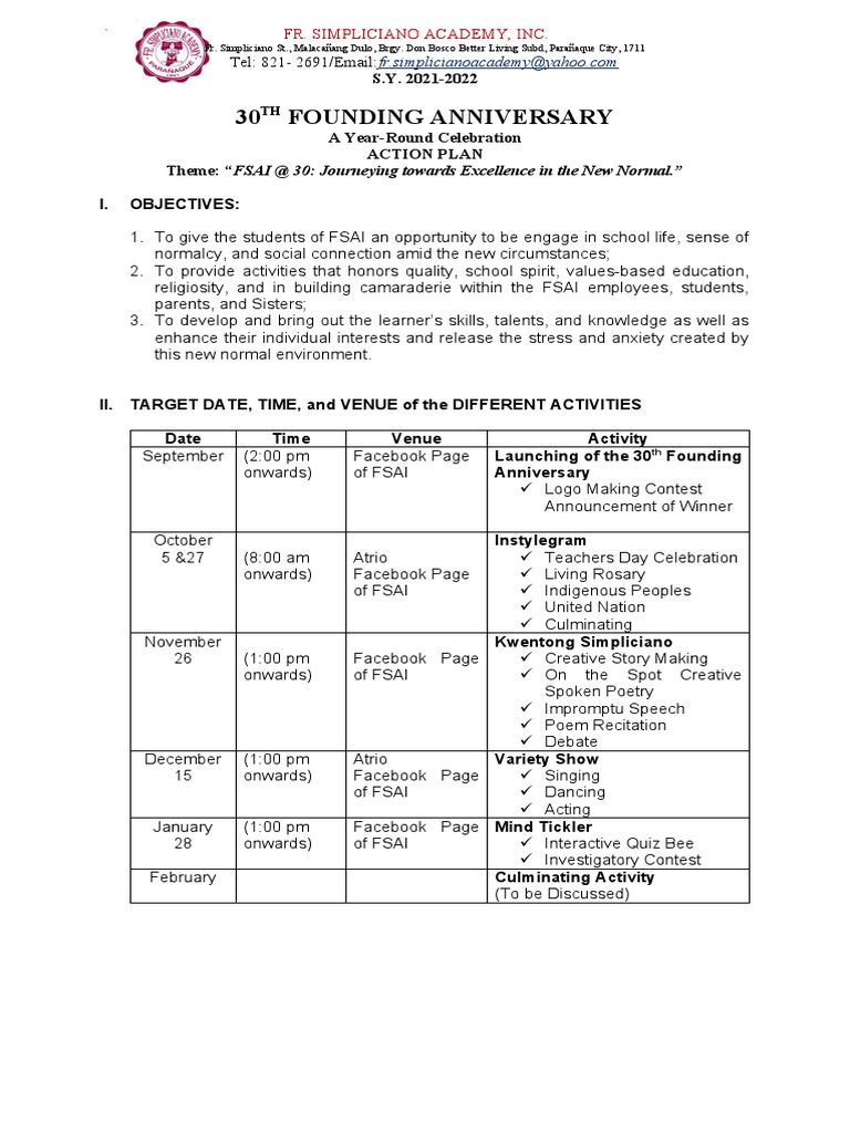 30th Founding Anniversary Action Plan | PDF