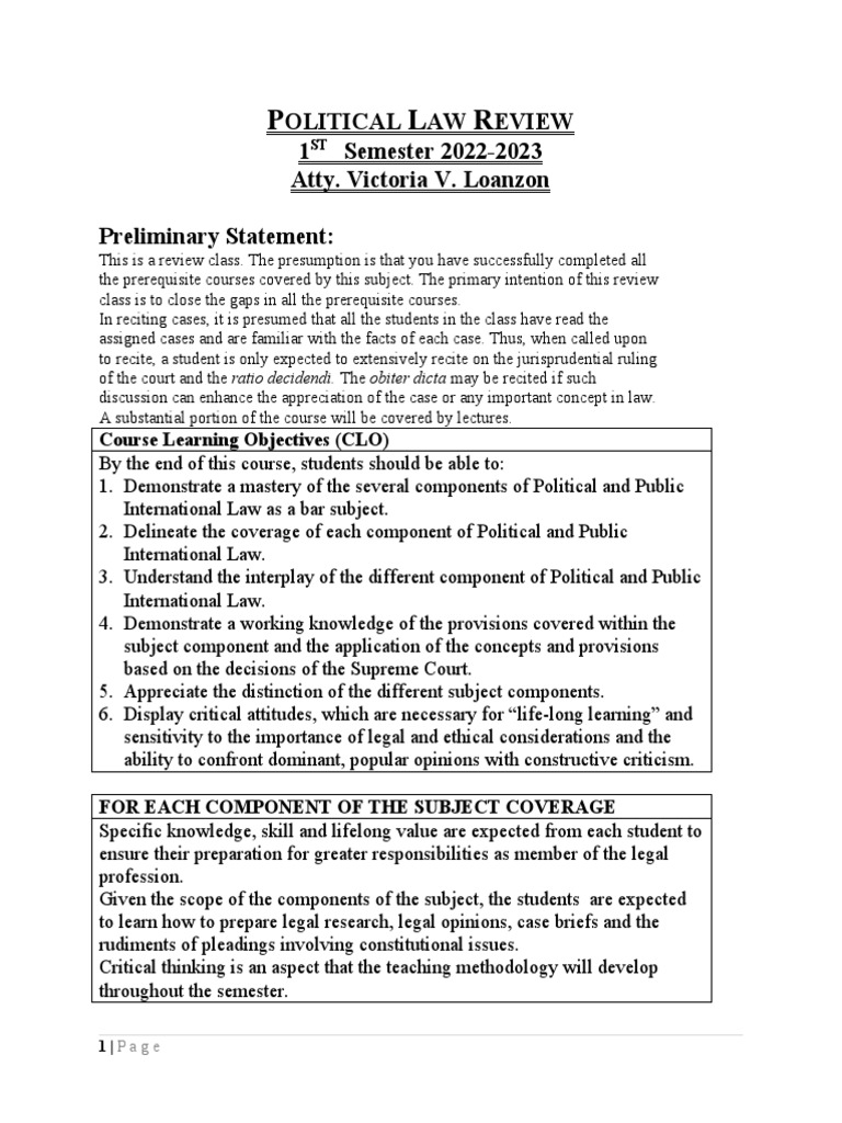 Political Law Review Course Outline August 2022 1 | PDF | American Government | Presidents Of ...