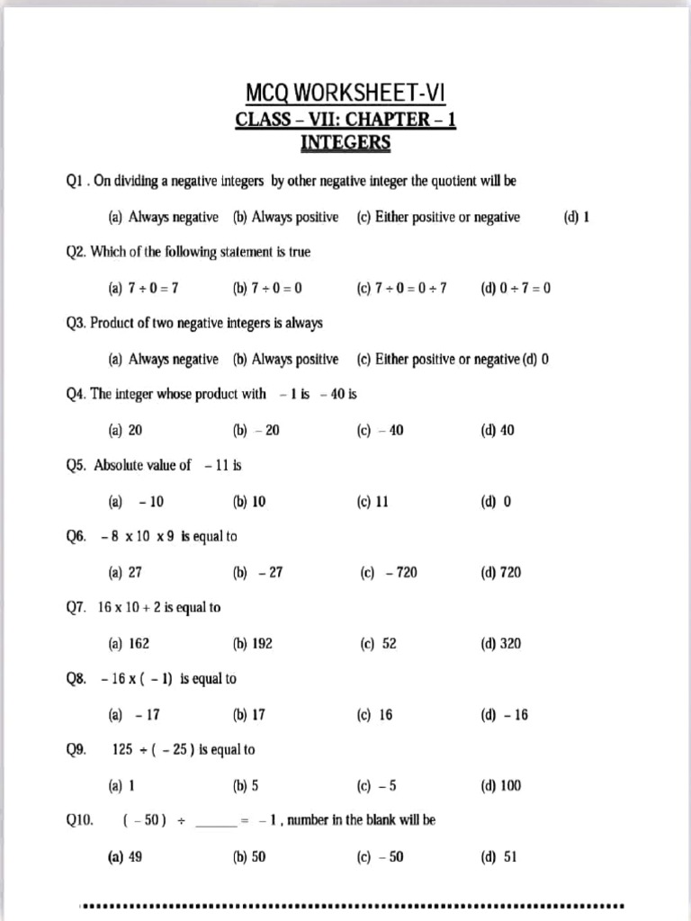 7th Integers MCQ | PDF | Abstract Algebra | Numbers