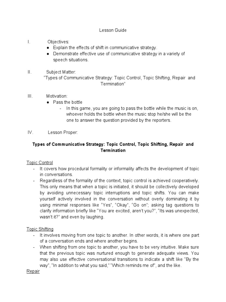 Types of Communicative Strategy: Topic Control, Topic Shifting, Repair ...