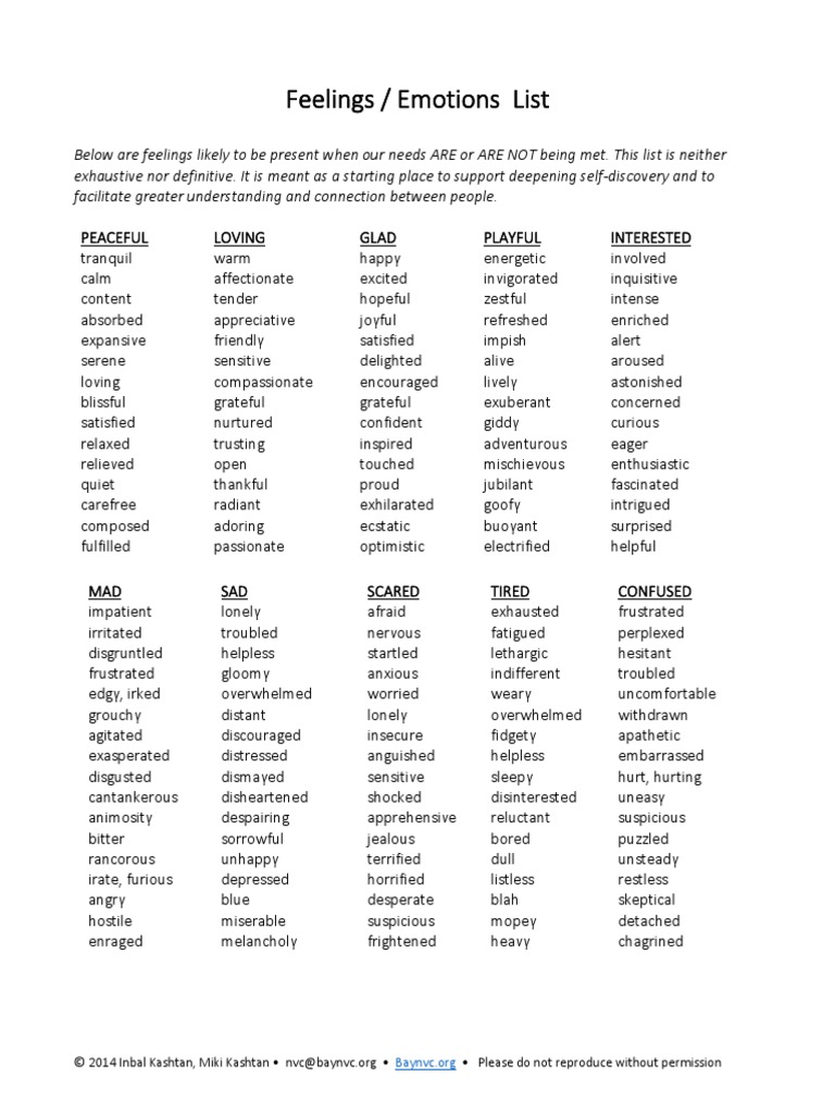 3 Feelings+List | PDF | Self-Improvement