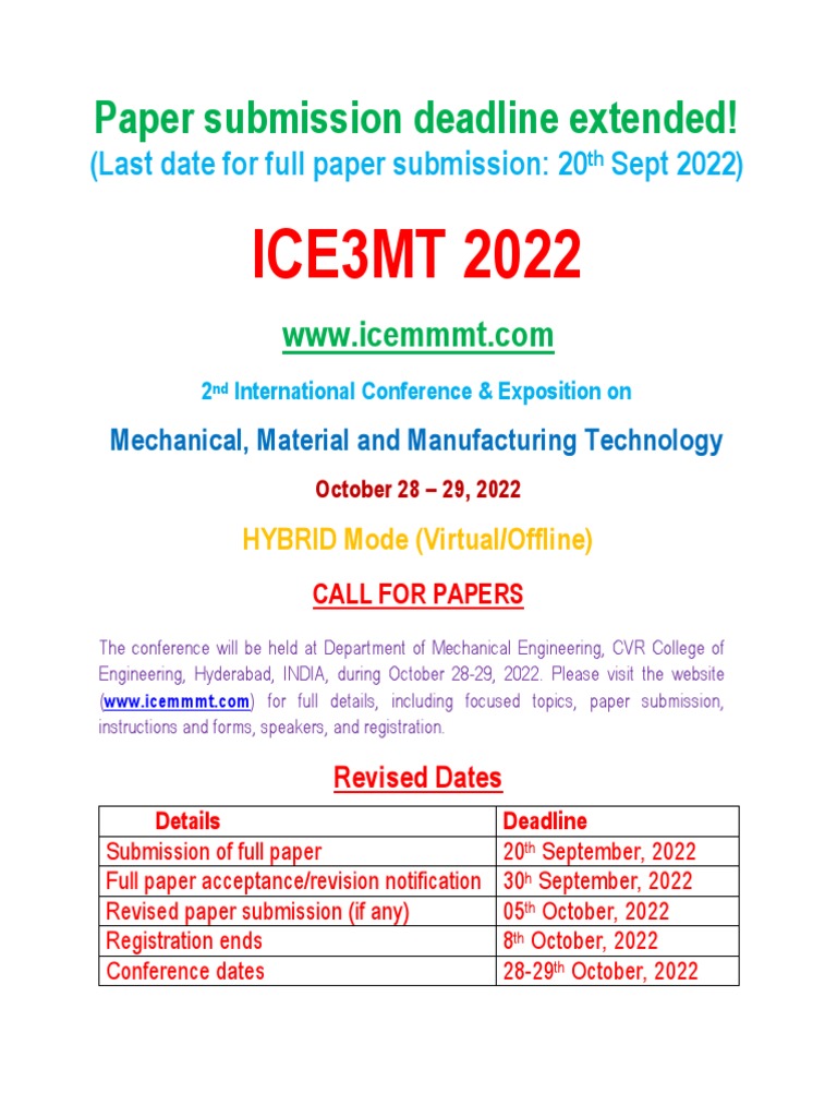 ICE3MT 2022 - Paper Submission Deadline Extended | PDF