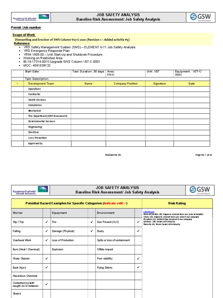 Job Safety Analysis Baseline Risk Assessment/ Job Safety Analysis | PDF ...