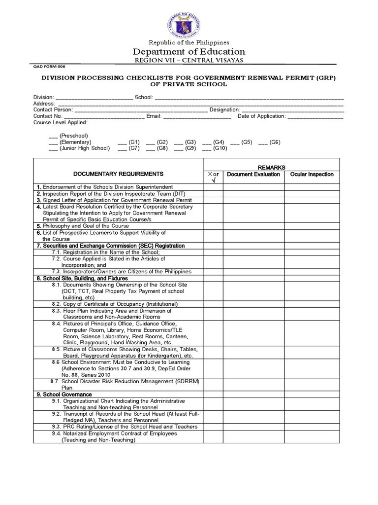 Qad Form 006 Government Renewal Permit GRP Processing Checklist New ...