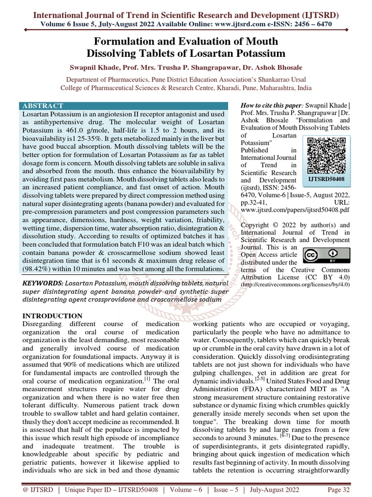 Formulation And Evaluation Of Mouth Dissolving Tablets Of Losartan Potassium Pdf Tablet