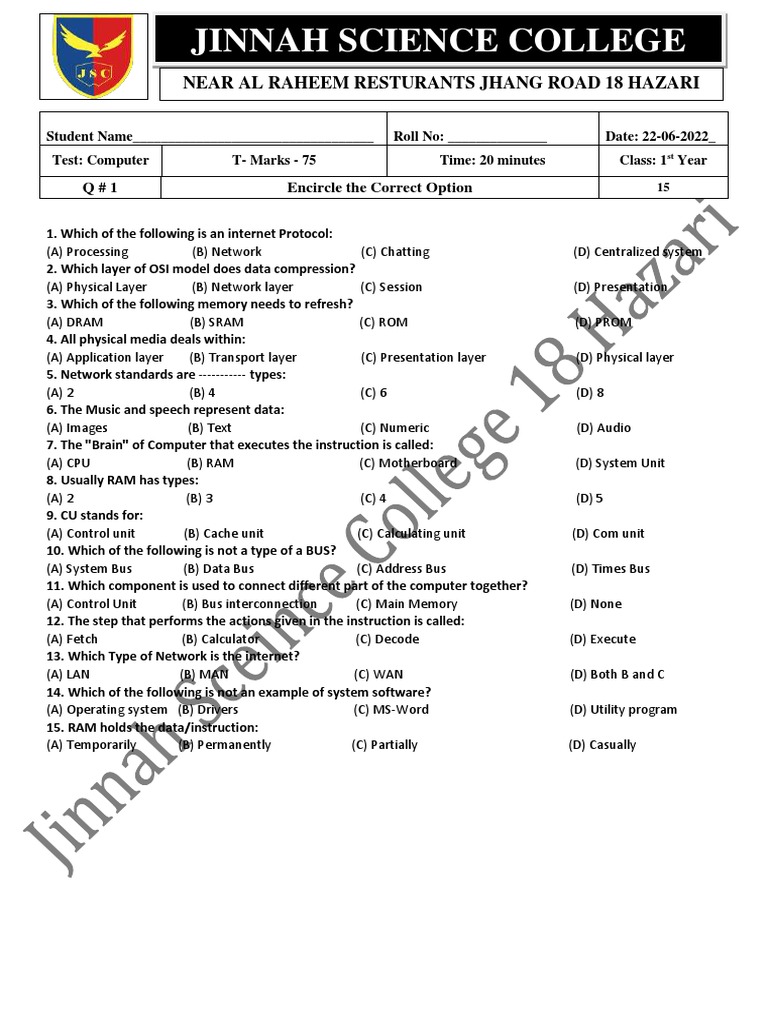 MCQ 1st Year COMPUTER Chapter 1,2,3,4,5 | PDF | Random Access Memory ...
