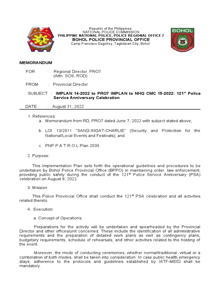 BPPO IMPLAN To PRO7 IMPLAN Re NHQ CMC 22-2022 121st Police Service ...