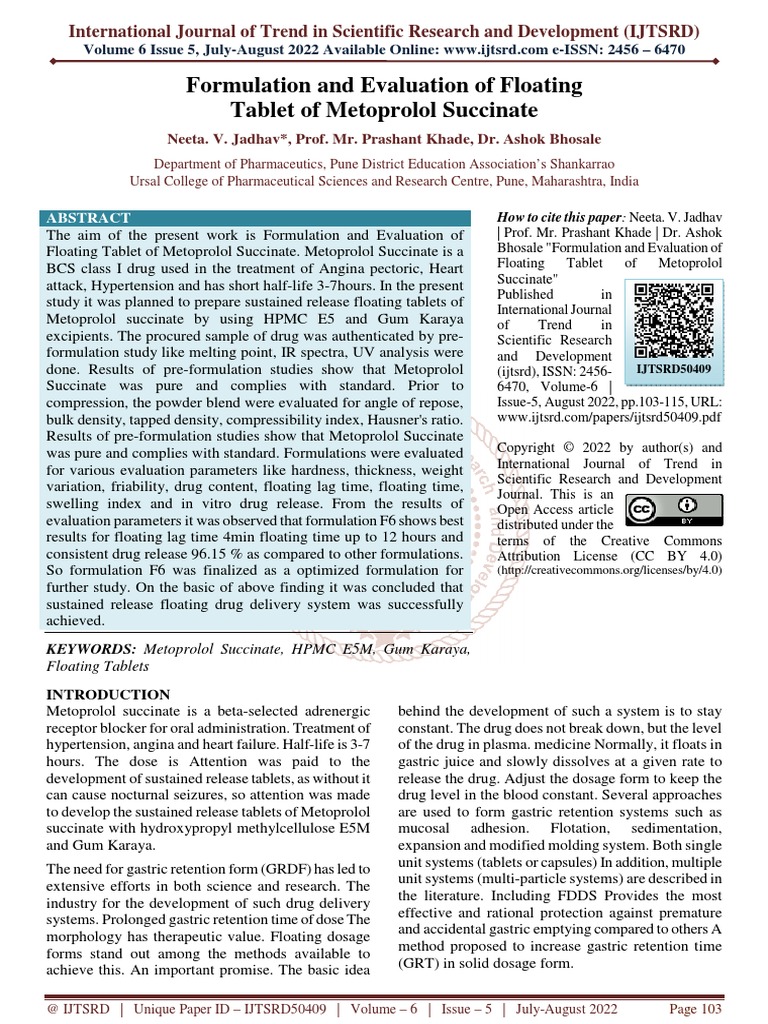 Formulation And Evaluation Of Floating Tablet Of Metoprolol Succinate Download Free Pdf