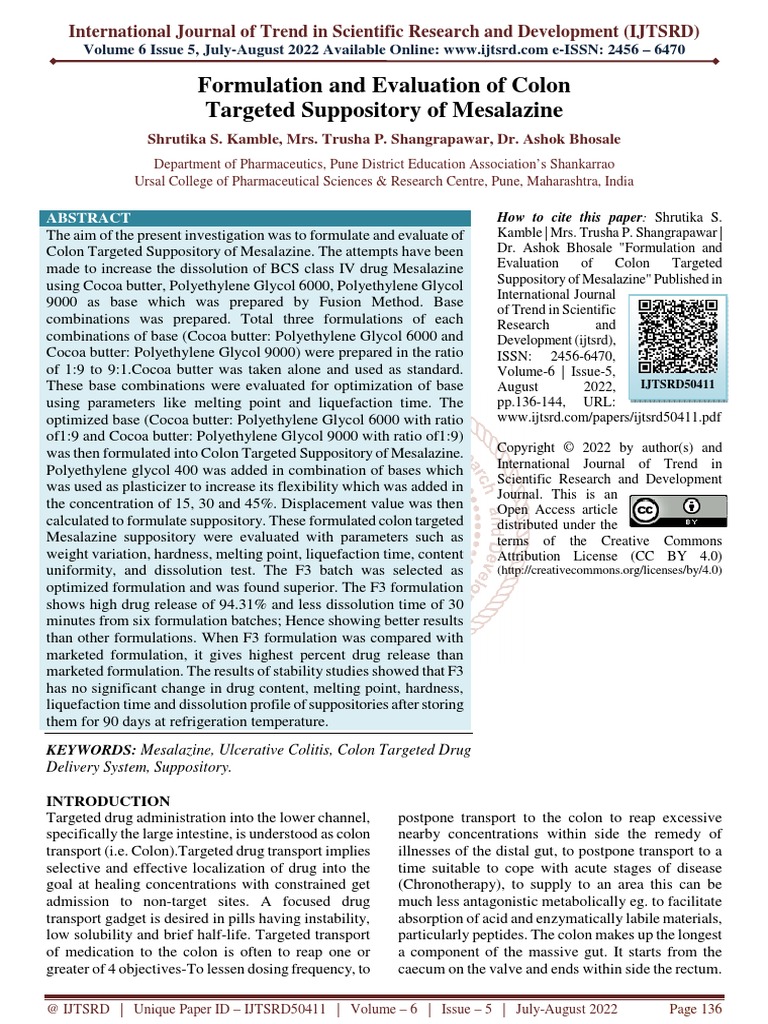 Formulation and Evaluation of Colon Targeted Suppository of Mesalazine ...