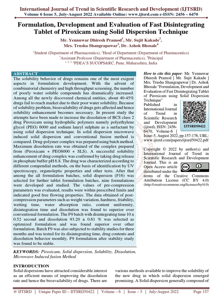 Formulation Development And Evaluation Of Fast Disintegrating Tablet Of Piroxicam Using Solid