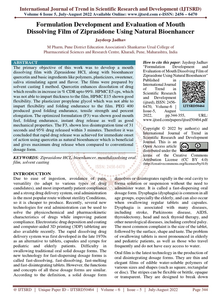 Formulation Development And Evaluation Of Mouth Dissolving Film Of Ziprasidone Using Natural