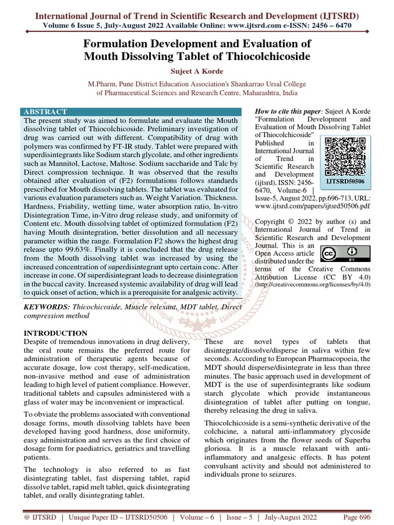 Formulation Development And Evaluation Of Mouth Dissolving Tablet Of Thiocolchicoside Pdf