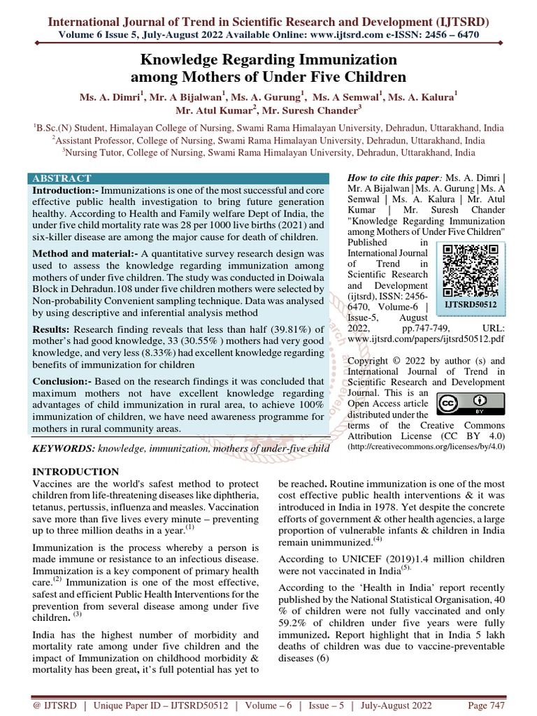 Knowledge Regarding Immunization Among Mothers of Under Five Children | PDF | Vaccination ...