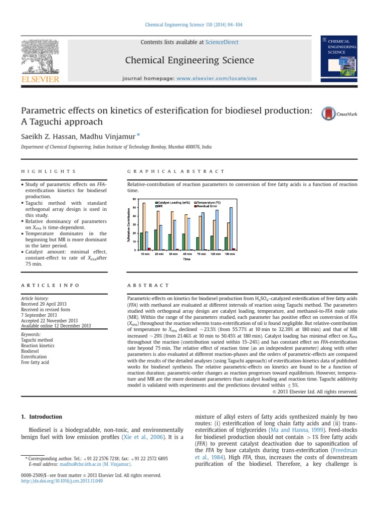 Chemical Engineering Science: Saeikh Z. Hassan, Madhu Vinjamur | PDF | Catalysis | Ester