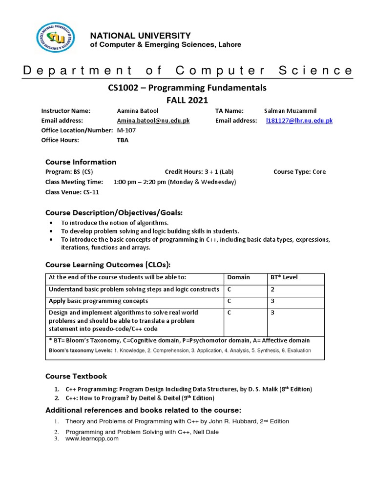 Nu Cs1002 Programming Fundamentals Course Syllabus Pdf Programming Computer Program 6162