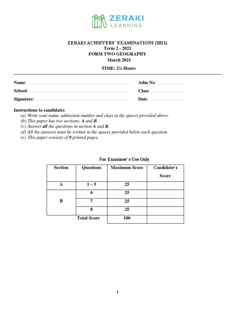 Geography - Geography Form 2 - Zeraki Achievers 2.0 - Question Paper ...