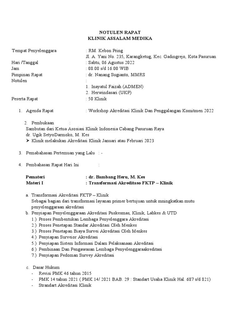 Notulen Rapat Workshop Akreditasi Klinik Dan Penggalangan Komitmen 2022 ...