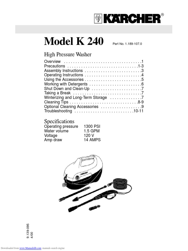 Karcher K240 Pressure Washer Manual | PDF | Washing Machine | Ac Power ...