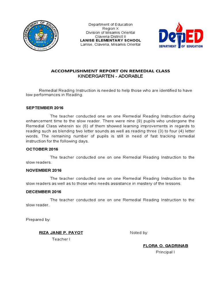 Accomplishment Report On Remedial Class | PDF
