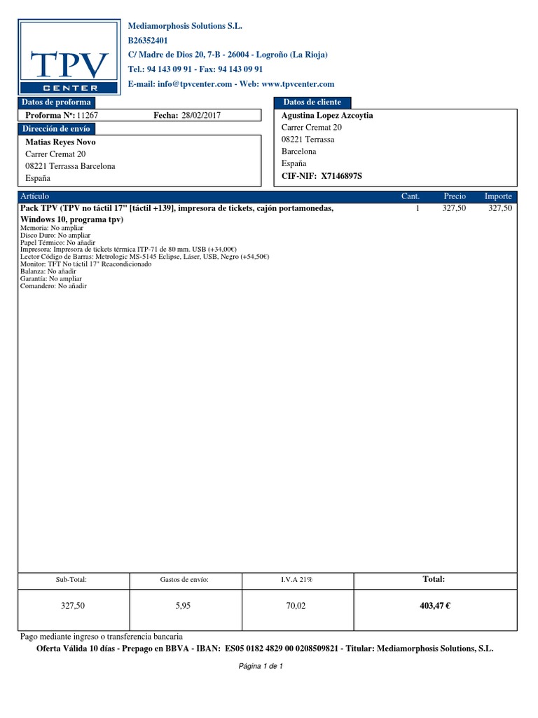 TPV CENTER - Proforma 11267 | PDF