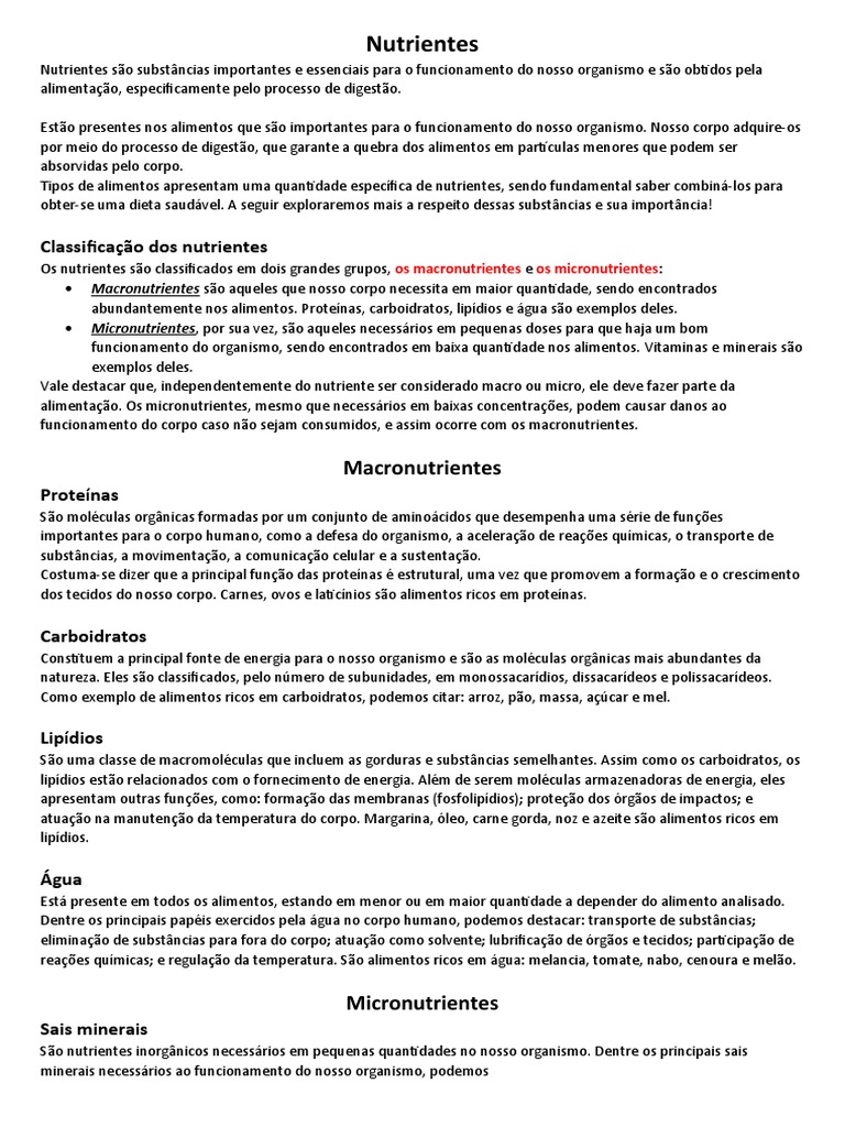 Os principais nutrientes e sua importância para o funcionamento do ...