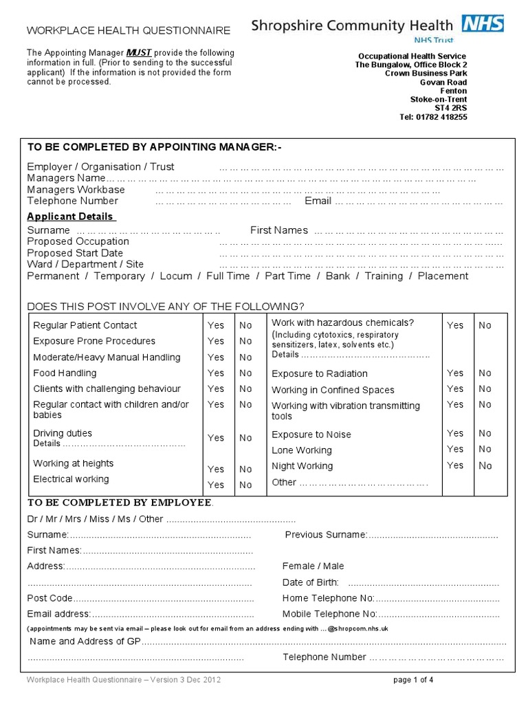 Occupational Health Questionnaire Form | PDF | Hepatitis | Infection