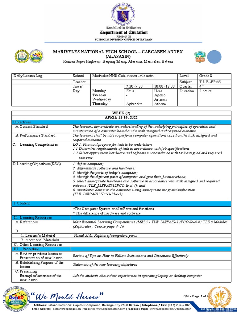 DLL - Tle 8 - Week 2 - Q4 - Sy 2021-2022 | PDF | Learning | Behavior Modification