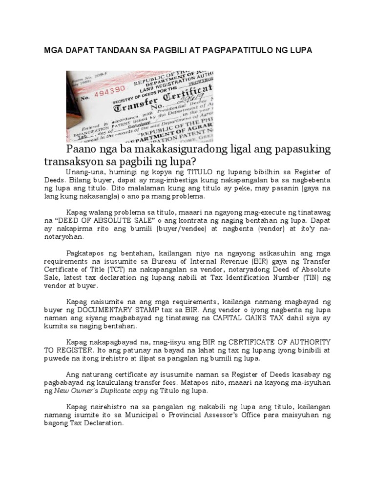Mga Dapat Tandaan Sa Pagbili at Pagpapatitulo NG Lupa | PDF