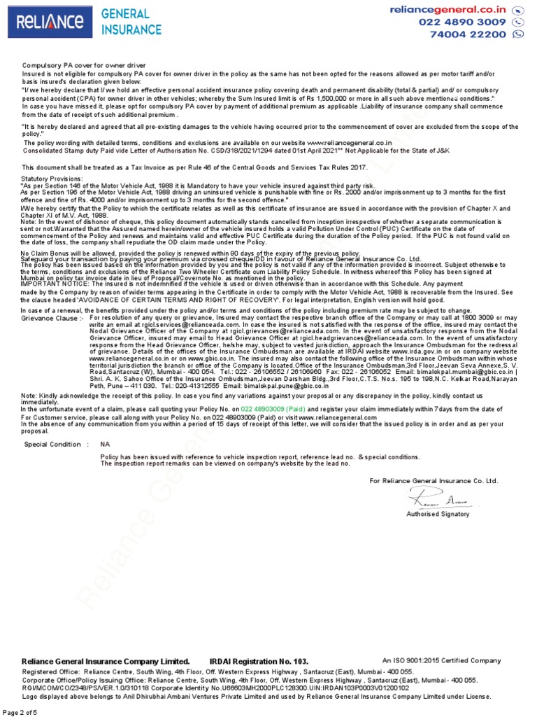 Reliance Back | PDF | Insurance | Business