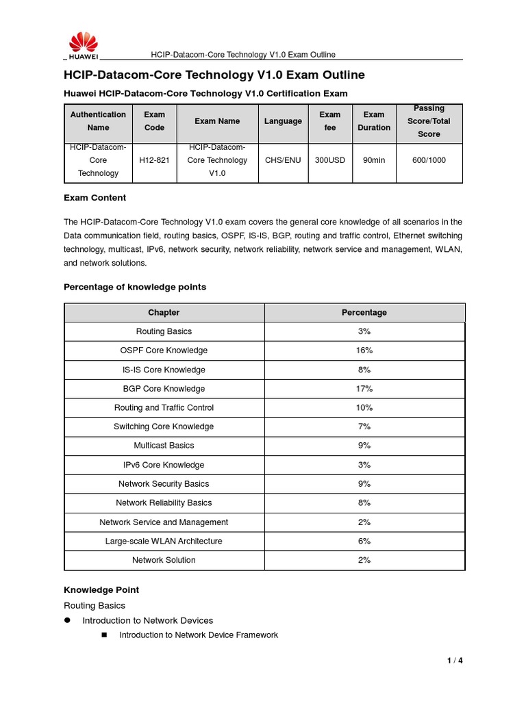 HCIP-Datacom-Core Technology V1.0 Exam Outline | PDF | Computer Network | Routing