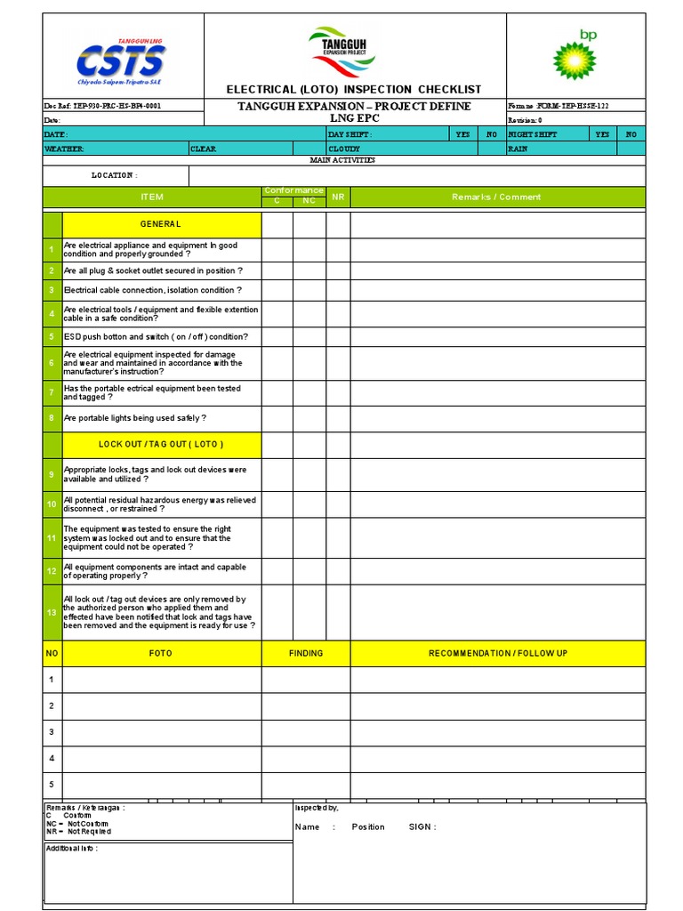 7.electrical LOTO Check List Inspection | PDF | Electric Power | Equipment