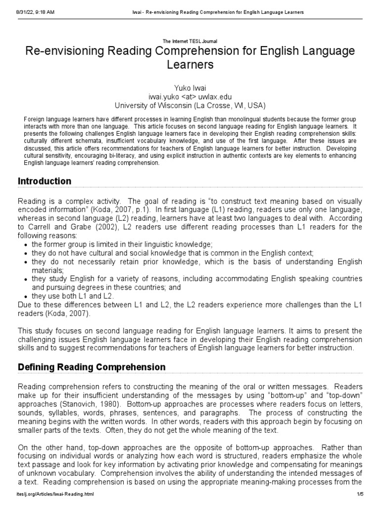 Iwai - Re-Envisioning Reading Comprehension For English Language ...