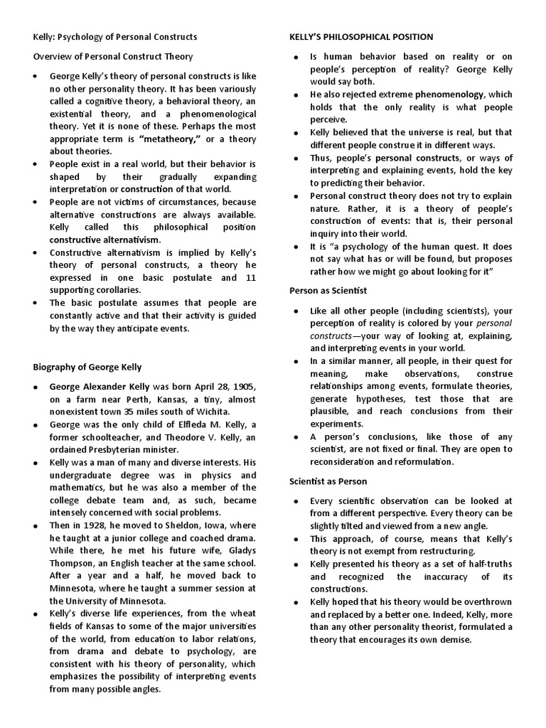 Kelly: Psychology of Personal Constructs | PDF | Psychotherapy | Theory