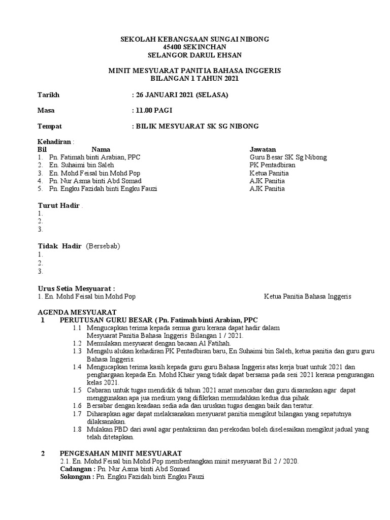 Minit Mesyuarat Pbi Bil 1 2021 | PDF