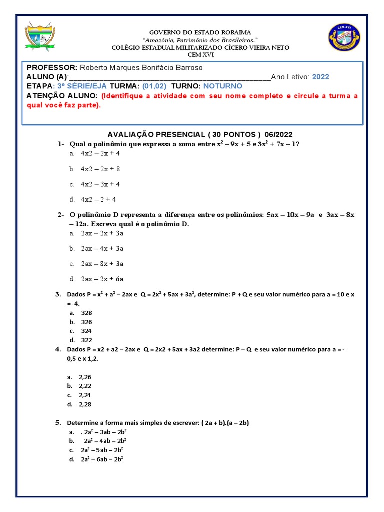 Prova Do Terceiro Ano | PDF