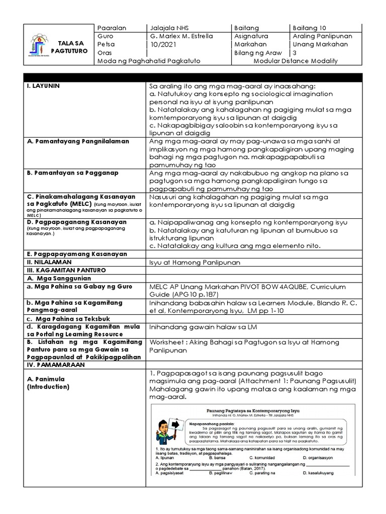 Contextualized Lesson in AP10 | PDF
