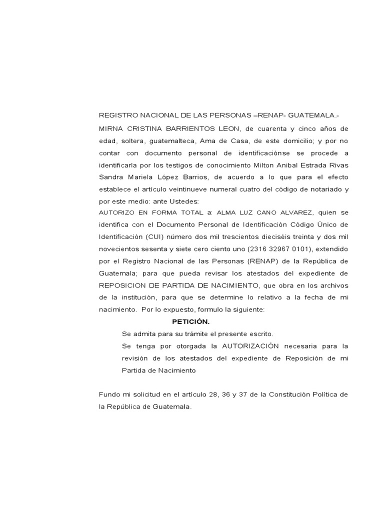 Escrito Autorizacion RENAP | PDF | Guatemala