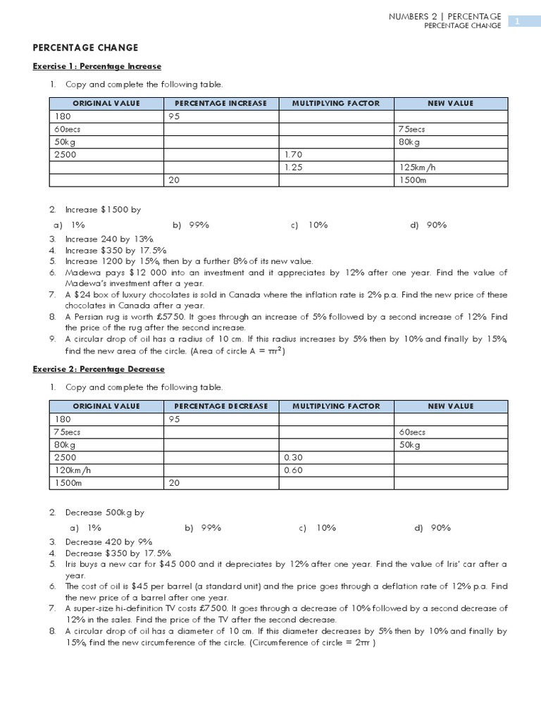 Percentage Change Exercises | PDF | Percentage | Barrel (Unit)