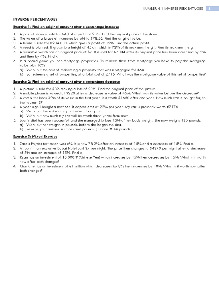 Inverse Percentage Problems Guide | PDF | Business