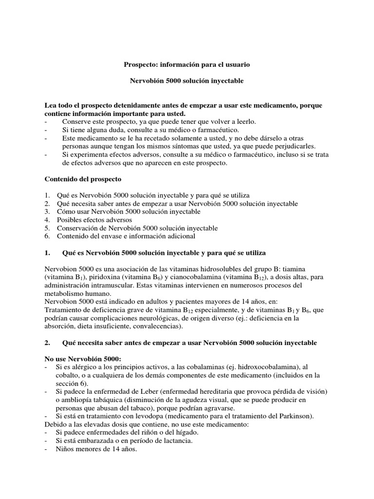 Información detallada sobre el uso y efectos de Nervobión 5000 solución ...